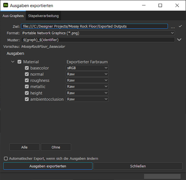 Exportieren von Texturen und Substance-Materialien